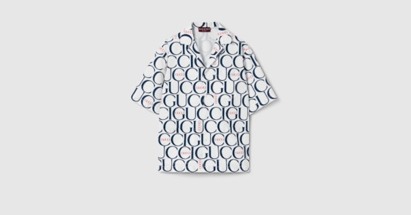 Maxi Gucci print fabric shirt in white and blue | GUCCI® 香港