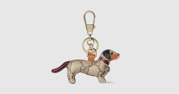 Dog-shaped keychain in beige and dark brown canvas | GUCCI® SG