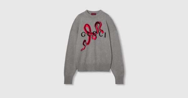 Wool cashmere sweater with intarsia in grey | GUCCI® US Wool cashmere sweater with intarsia in grey | GUCCI® US