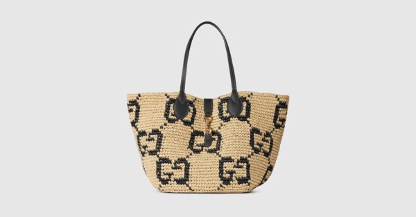 Medium raffia-effect tote bag in Black Fabric | GUCCI® SI