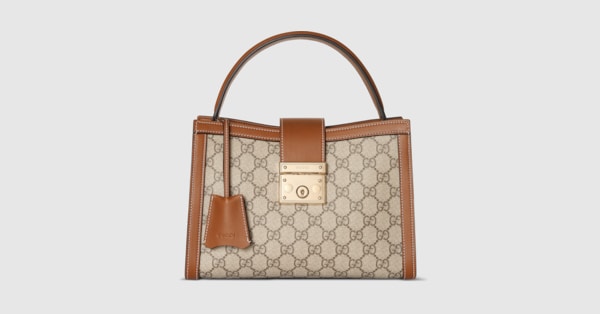 Padlock medium top handle bag in beige and brown GG fabric | GUCCI® AU