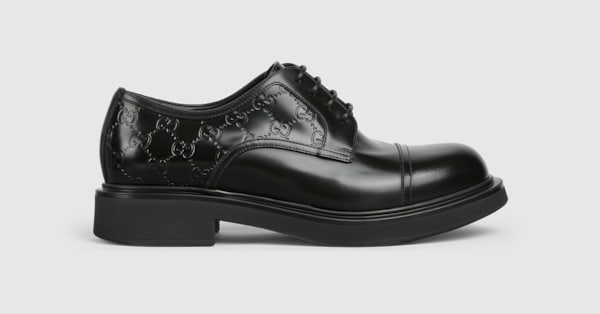 Men's lace-up shoe with GG detail in black leather | GUCCI® ZA