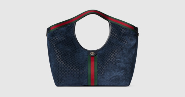 Borsa shopping Gucci Giglio misura grande in pelle scamosciata GG blu ...