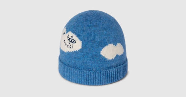 Bonnet pour bébé avec intarsia en bleu clair et blanc | GUCCI® FR