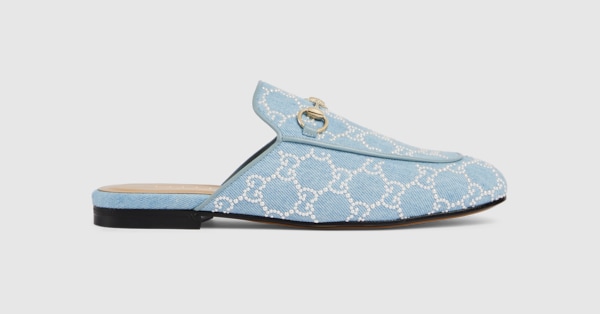 Women's Princetown slipper with pearls in light blue GG denim | GUCCI® US