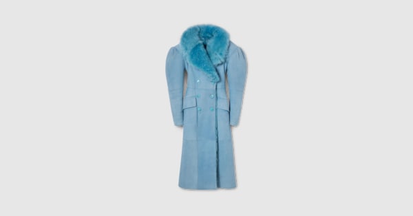 Soft long shearling coat in light blue | GUCCI® US