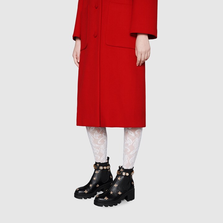 Black Leather Embroidered Ankle Boot With Belt | GUCCI® NL