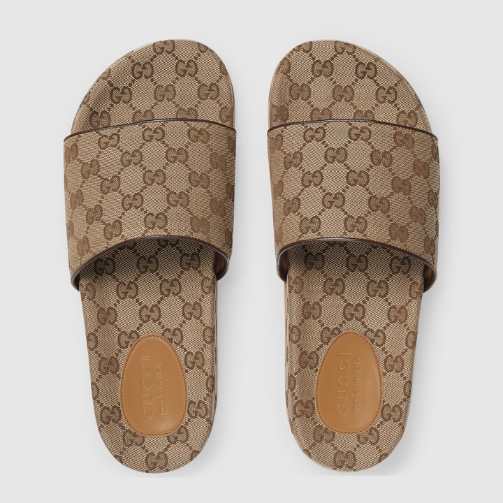 Men's GG canvas slide sandal in beige/ebony GG canvas | GUCCI® US