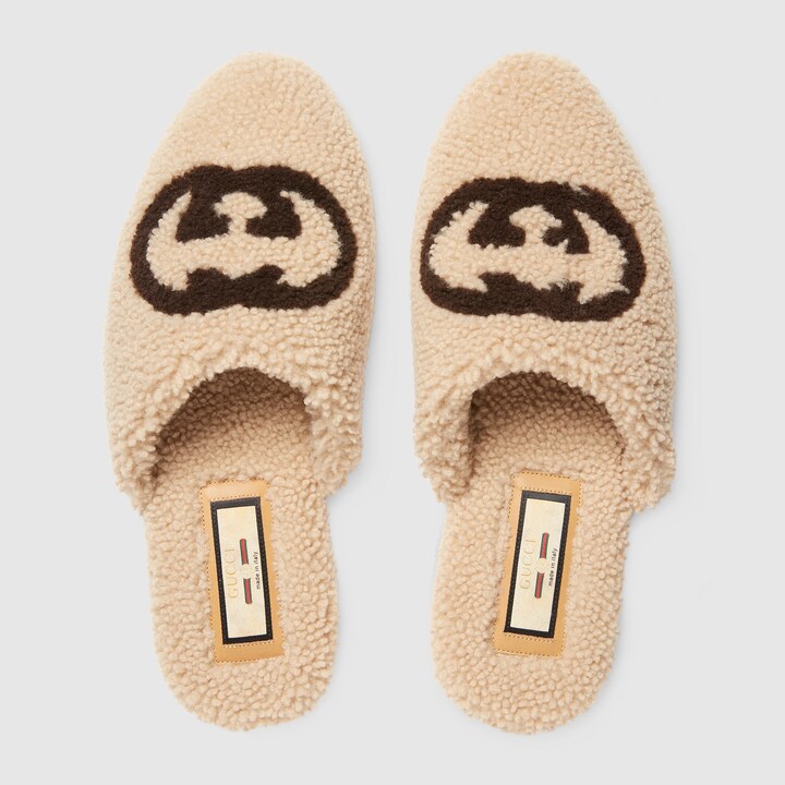 Men's slipper with Interlocking G in brown merino | GUCCI® PL