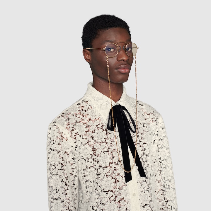 Floral macrame shirt with bow in off white | GUCCI® NO