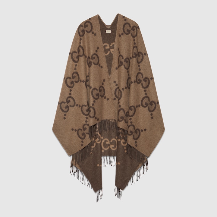 Reversible jumbo GG cashmere cape in beige and dark brown | GUCCI® US
