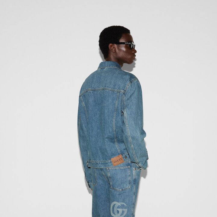 Lasered Double G denim jacket in blue | GUCCI® US
