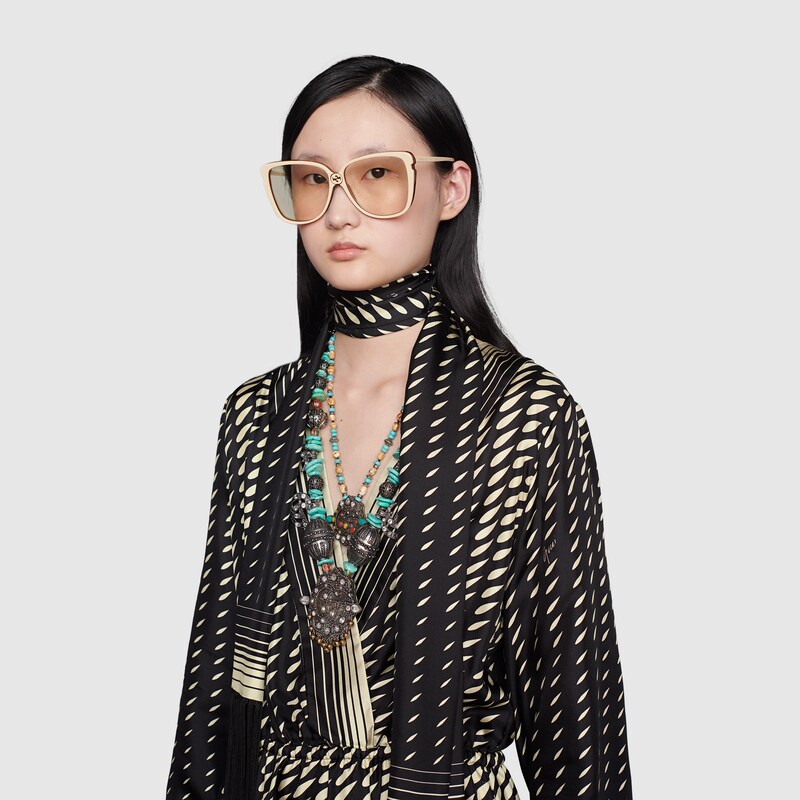 Black Print silk dress with scarf | GUCCI® SE