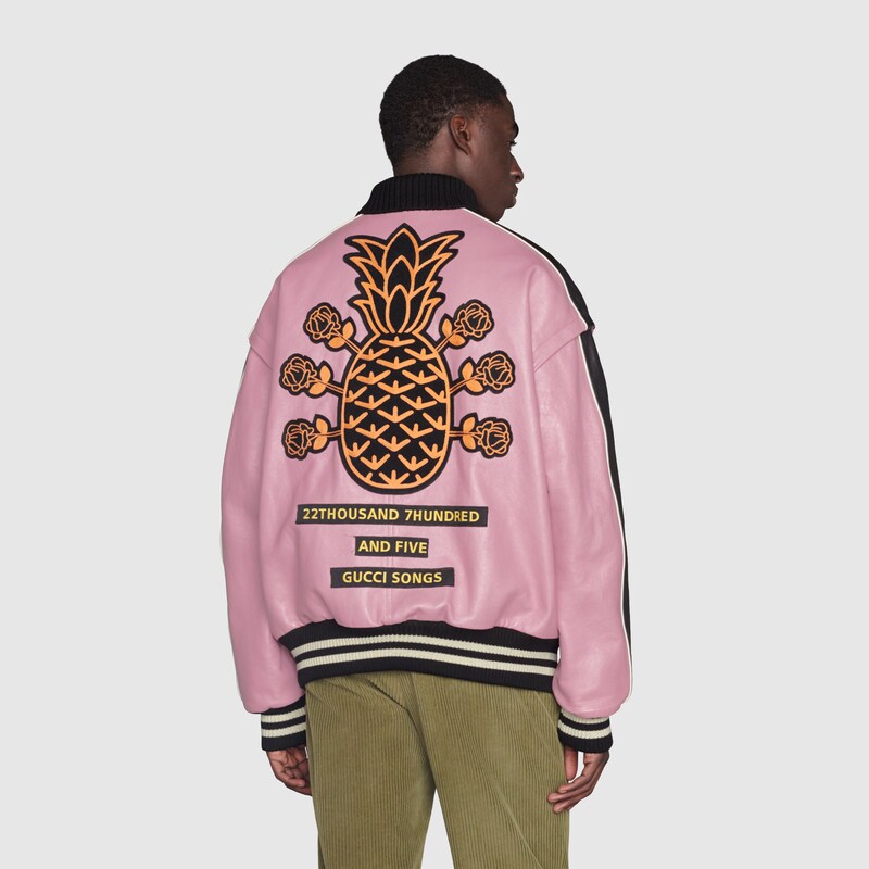 Gucci Pineapple leather bomber jacket in light pink | GUCCI® FI