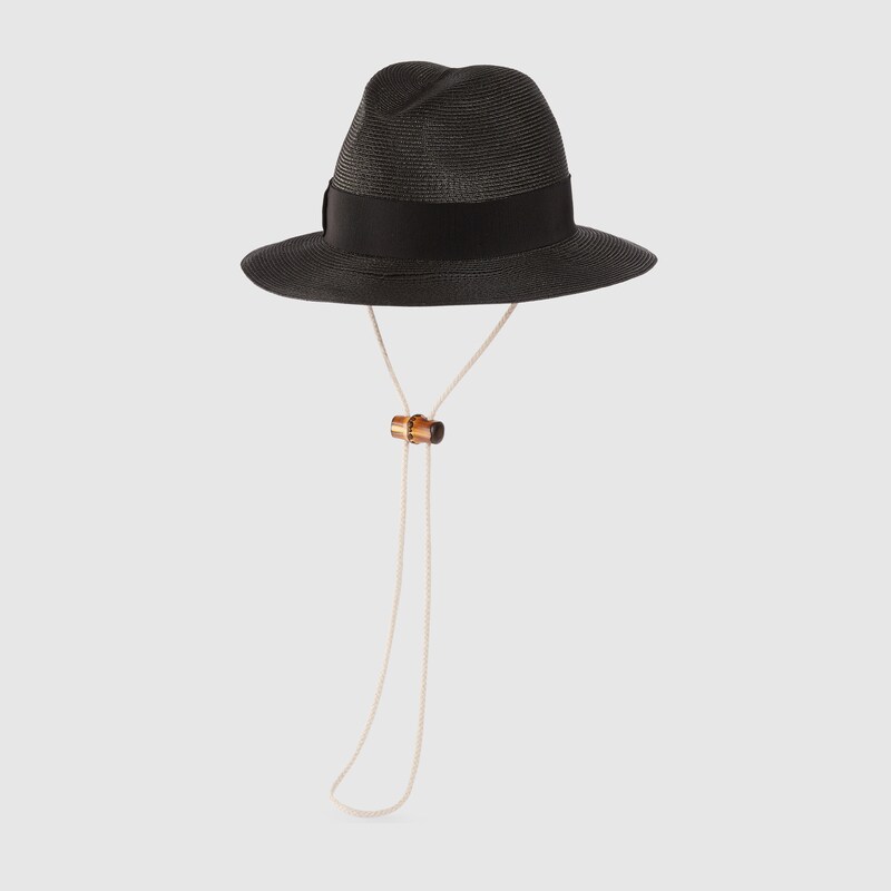 Raffia-effect wide-brimmed hat with bow in black | GUCCI® Australia
