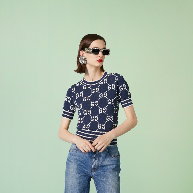 GG cotton jacquard top in dark blue | GUCCI® Canada