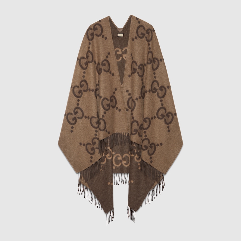 Reversible jumbo GG cashmere cape in beige and dark brown | GUCCI® US