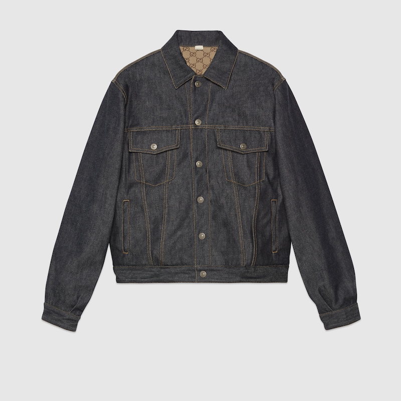 GG reversible denim jacket in blue and beige and ebony | GUCCI® US