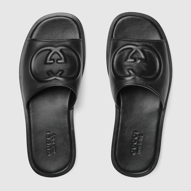 Men's slide sandal with Interlocking G in black leather | GUCCI® US