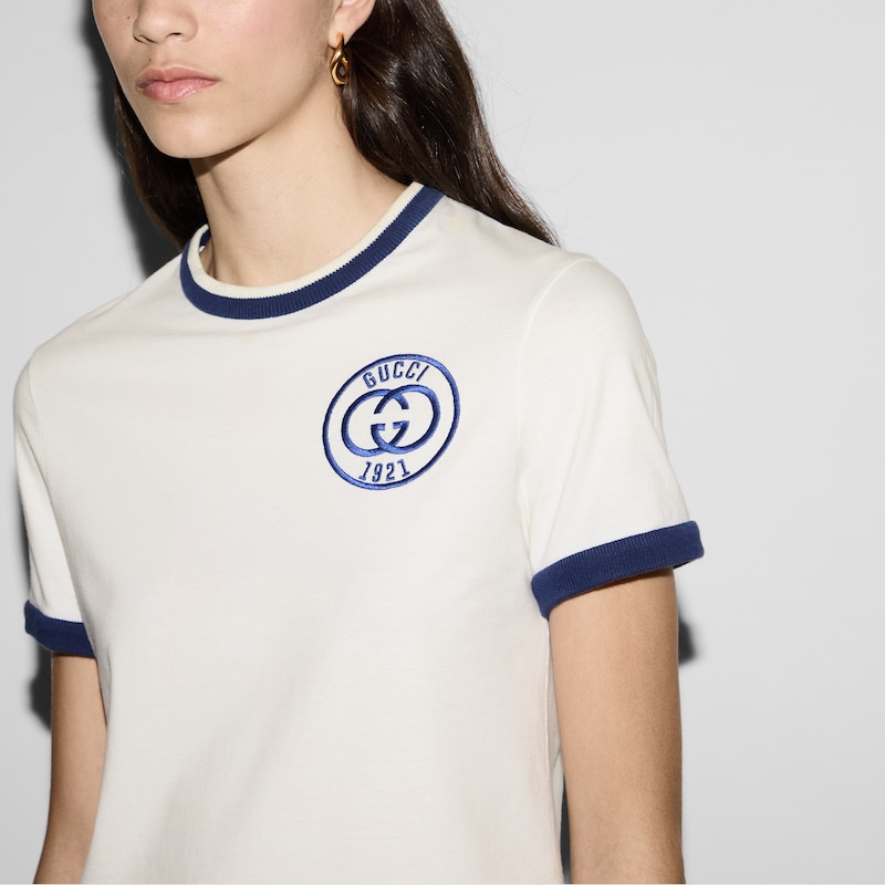 Cotton jersey T-shirt with Gucci embroidery in off white | GUCCI® US