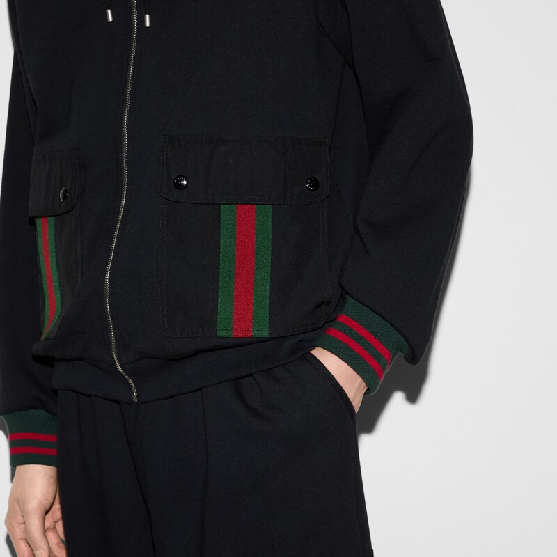 Cotton jersey hooded jacket with Web in black | GUCCI® US