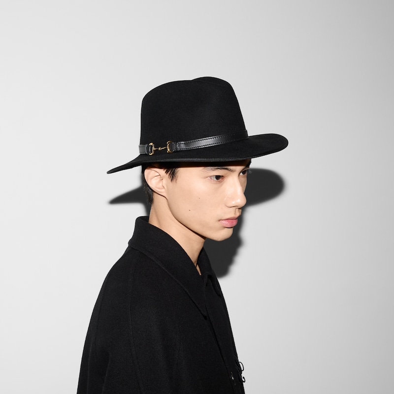Wool hat with leather detail in black | GUCCI® US