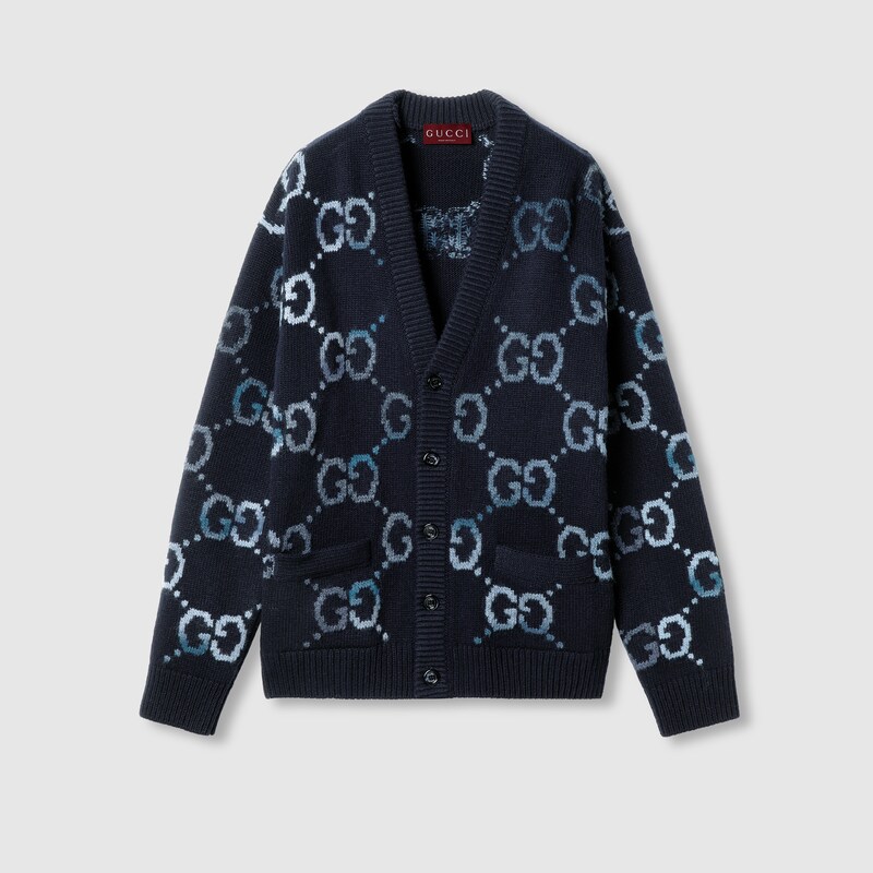 Wool cardigan with GG intarsia in navy and blue ombré | GUCCI® Australia