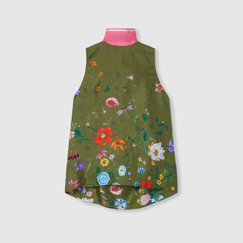 Printed sleeveless silk top in green and multicolor | GUCCI® Australia