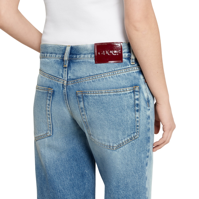 Straight fit denim pants in light blue | GUCCI® Australia