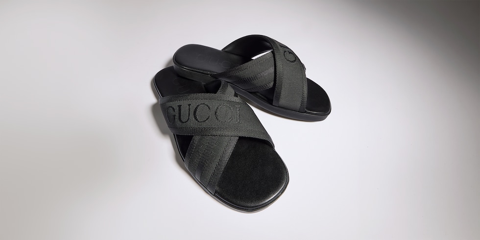 Men's slide sandal in black fabric | GUCCI® US
