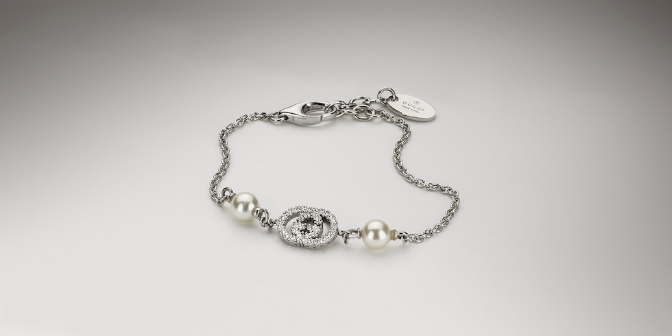 Crystal and pearl bracelet in palladium-toned brass | GUCCI® INT