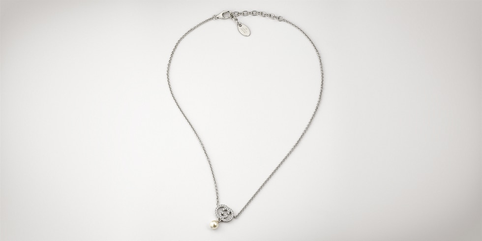 Crystal and pearl necklace in palladium-toned brass | GUCCI® INT