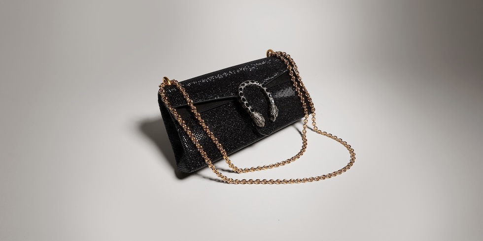 Dionysus crystal medium shoulder bag in black suede | GUCCI® QA