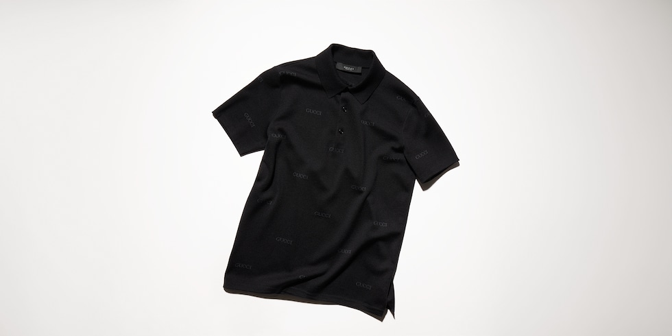 Wool silk Gucci jacquard polo shirt in black | GUCCI® US