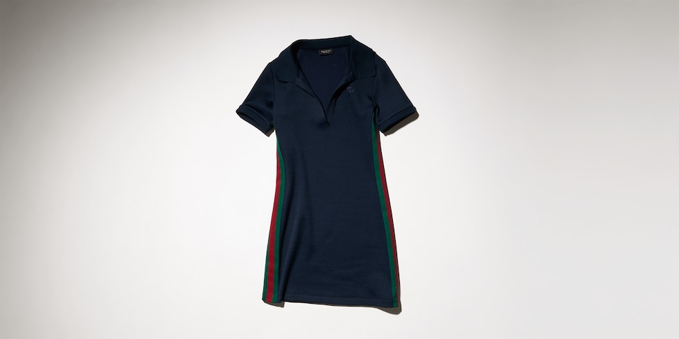 Rib cotton jersey dress with Web in dark blue | GUCCI® US