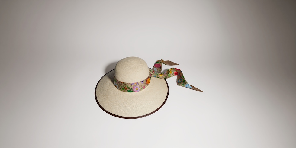 Panama twill hat with silk ribbon in light beige | GUCCI® AU