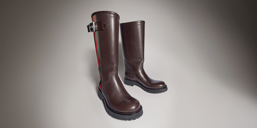 Women's biker boot with Web in brown leather | GUCCI® US