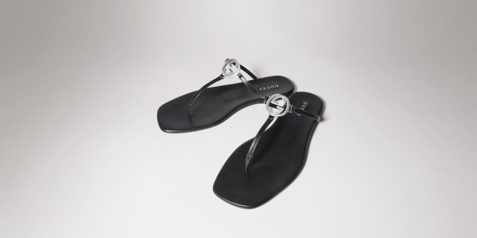 Men's thong sandal in black leather | GUCCI® US