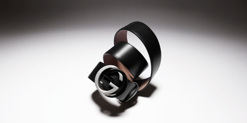 Wide belt with Interlocking G buckle in black leather | GUCCI® SA