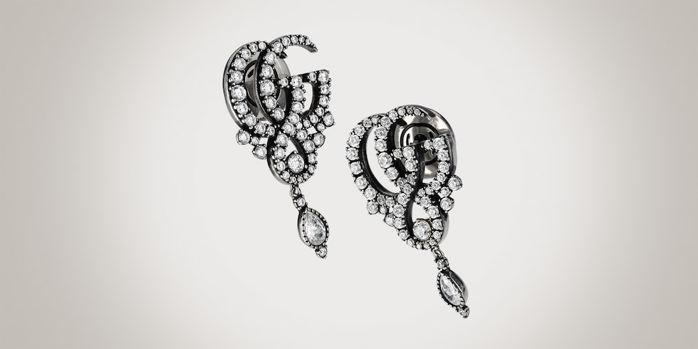 GG Marmont crystal earrings in palladium-toned brass | GUCCI® AE