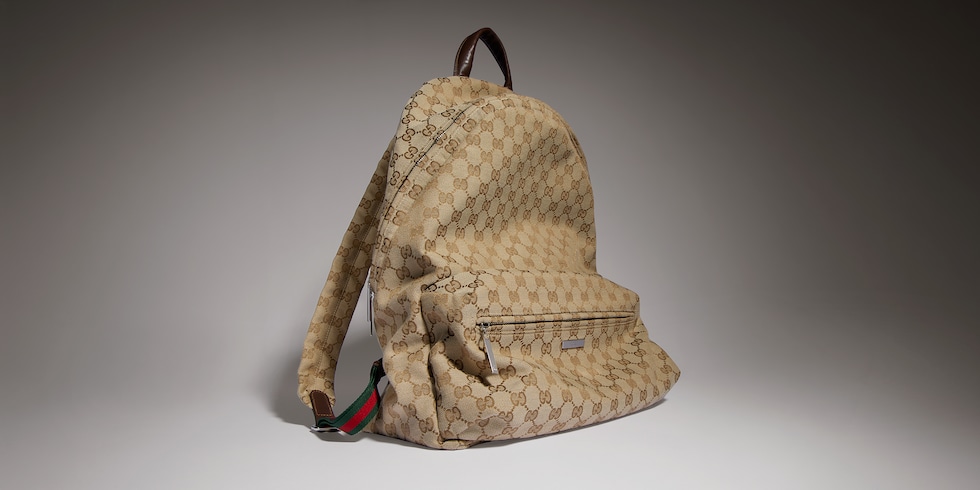 Large Gucci Tag backpack in sand and brown GG canvas | GUCCI® CA