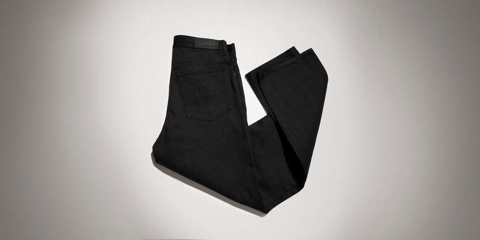 Cotton denim pants with embroidery in black | GUCCI® SA