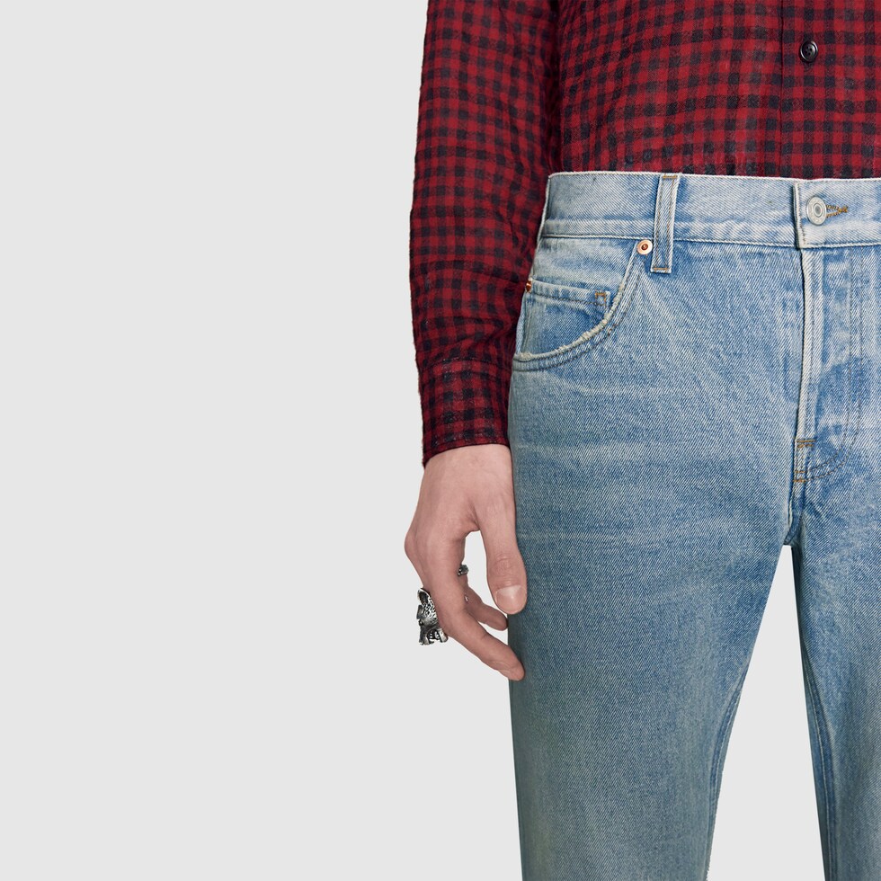 Tapered denim trousers with Web in blue stonewashed denim | GUCCI® IE