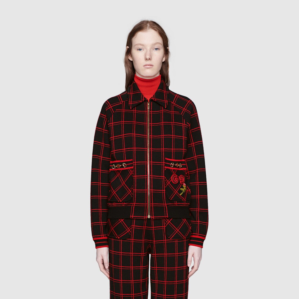 Black / Red Check Wool Bomber With Patches | GUCCI® 香港