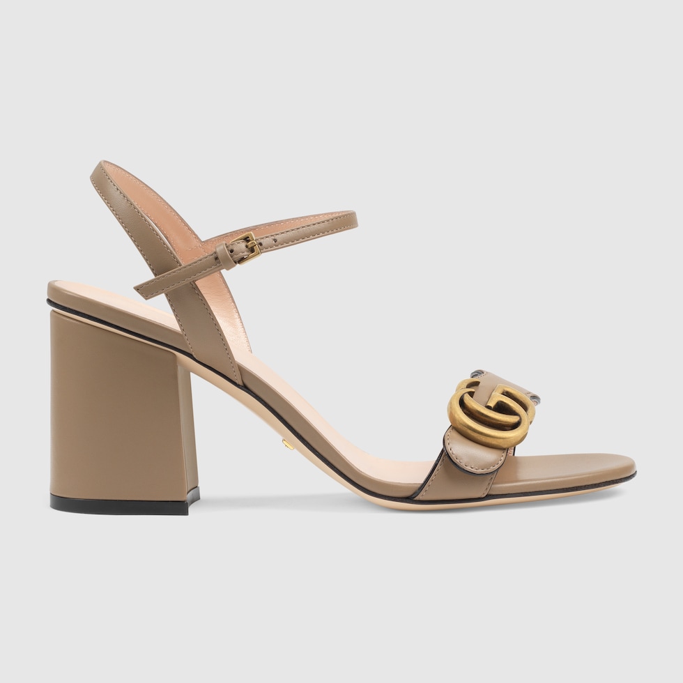 Dark Beige Leather Mid-Heel Sandal With Double G | GUCCI® NO