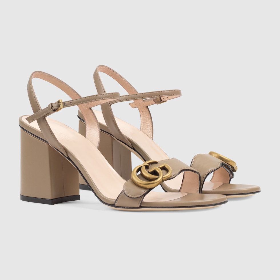 Dark Beige Leather Mid-Heel Sandal With Double G | GUCCI® NO