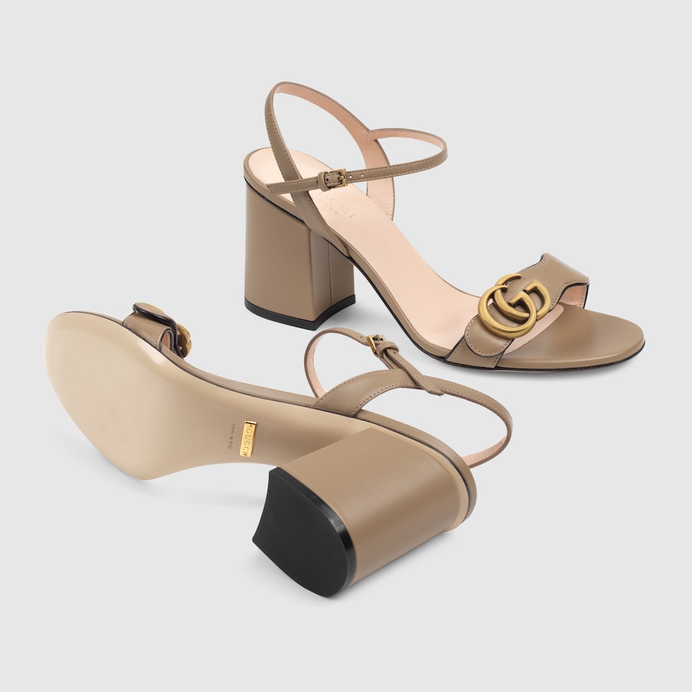 Dark Beige Leather Mid-Heel Sandal With Double G | GUCCI® UK