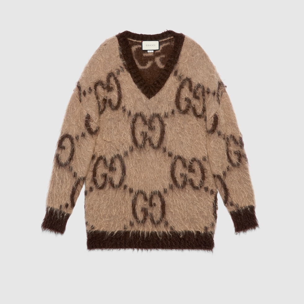 GG Mohair Wool V-Neck Sweater In Beige & Brown | GUCCI® PL