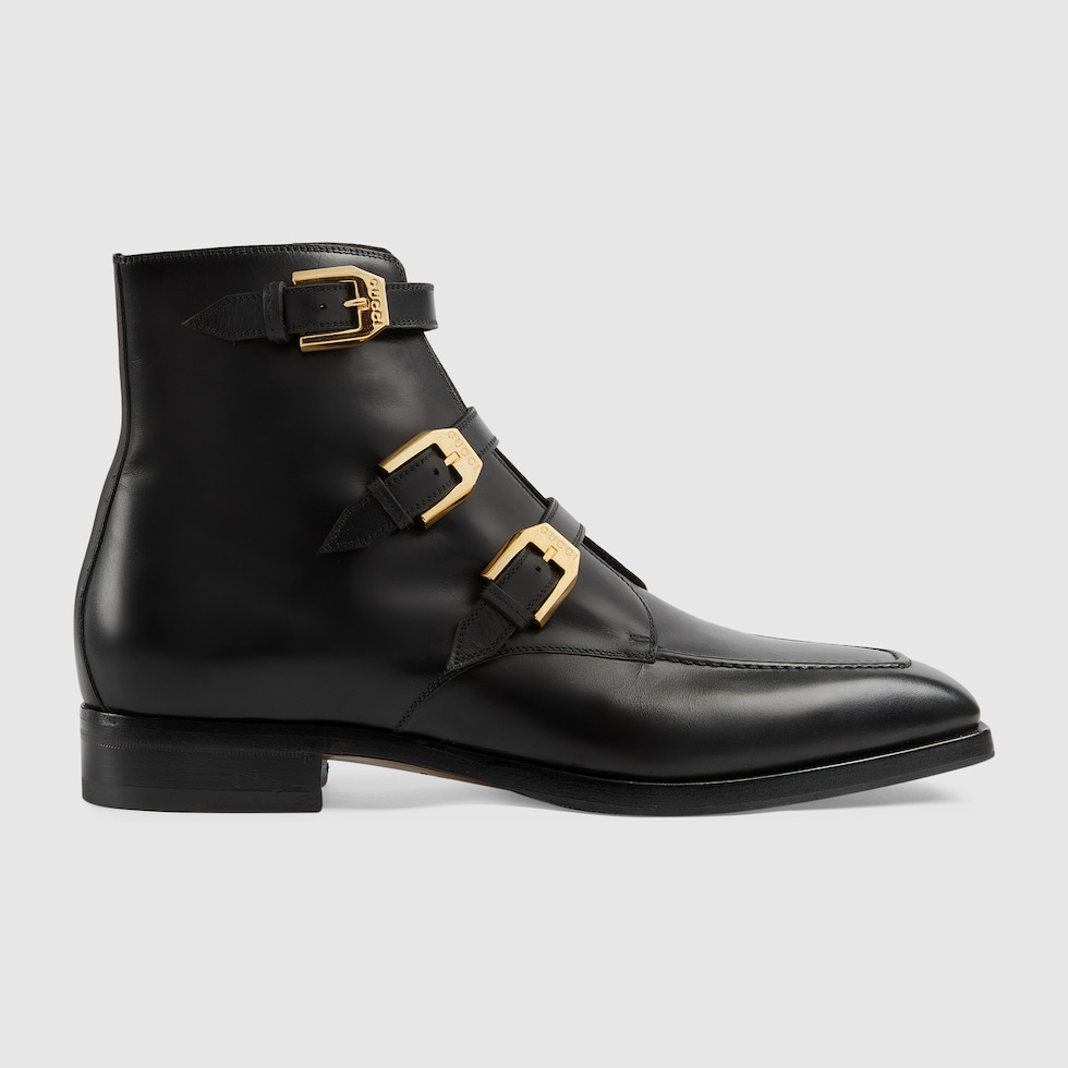 Men's Ankle Boot With Buckles In Black Leather | GUCCI® UK