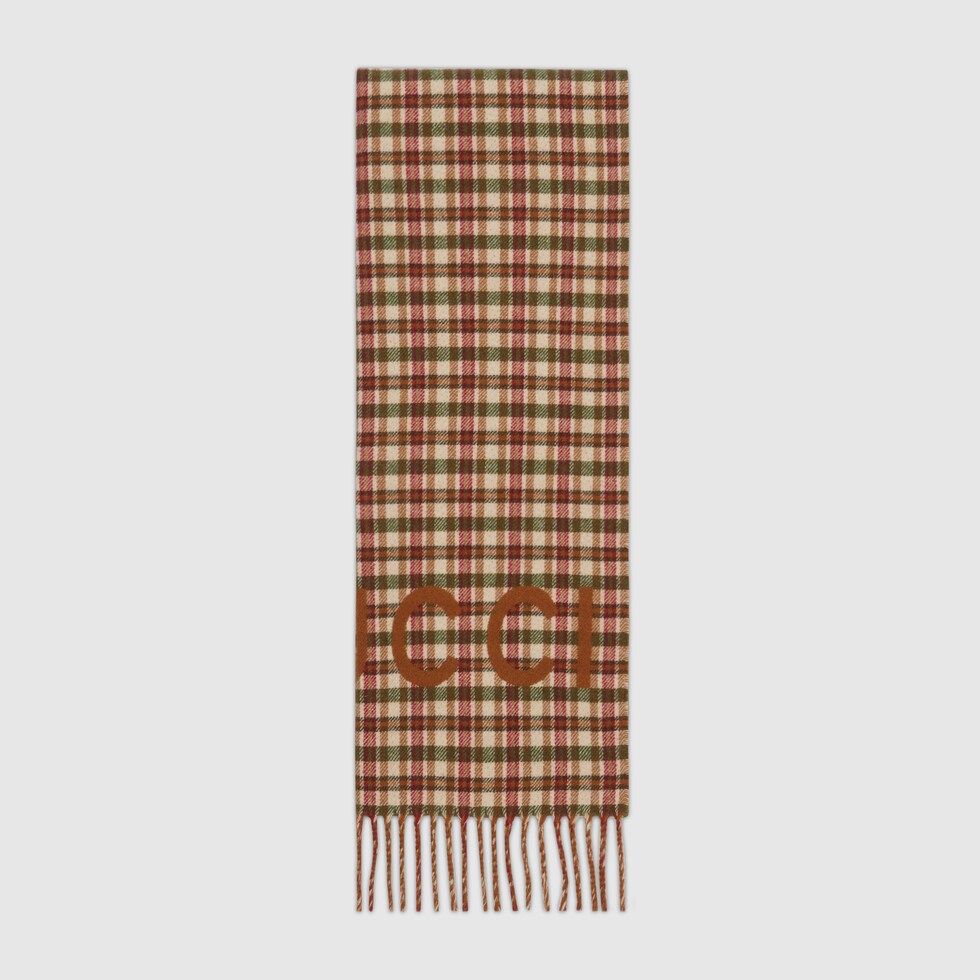 Bufanda de jacquard a cuadros con Gucci en marrón claro y verde oscuro ...